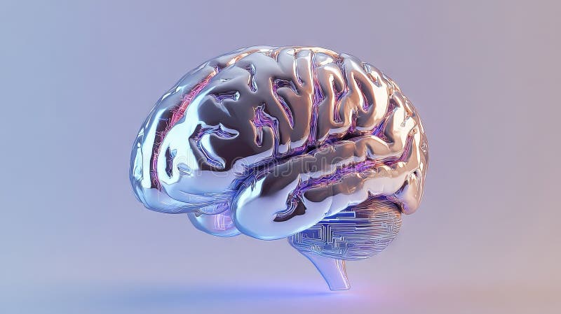 Chrome Human Brain Processing Data with Circuit Board at Base Stock ...