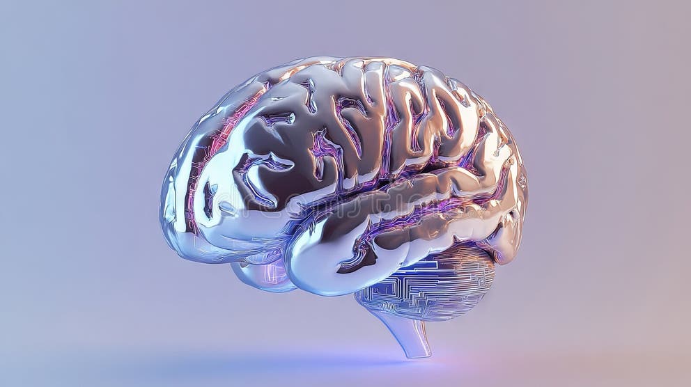 Chrome Human Brain Processing Data with Circuit Board at Base Stock ...