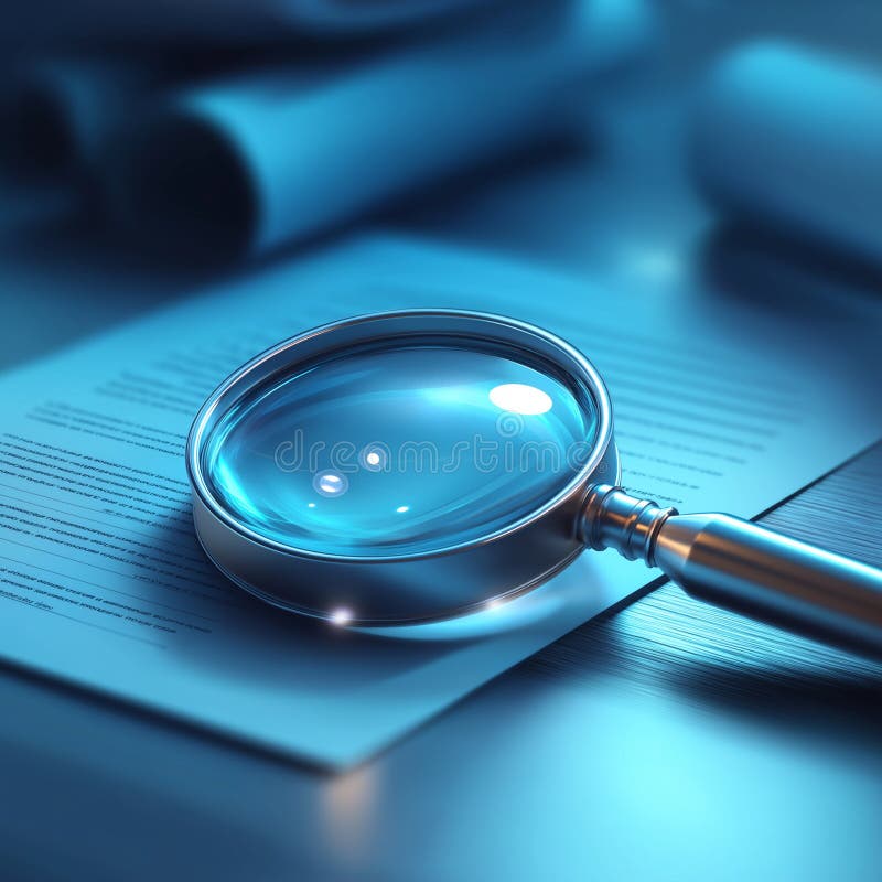 Chrome Magnifying Glass on Document, Cool Blue Tones Stock Illustration ...