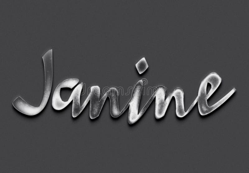 Chrome Metal 3D Name Design of Janine on Grey Background. Stock Image ...