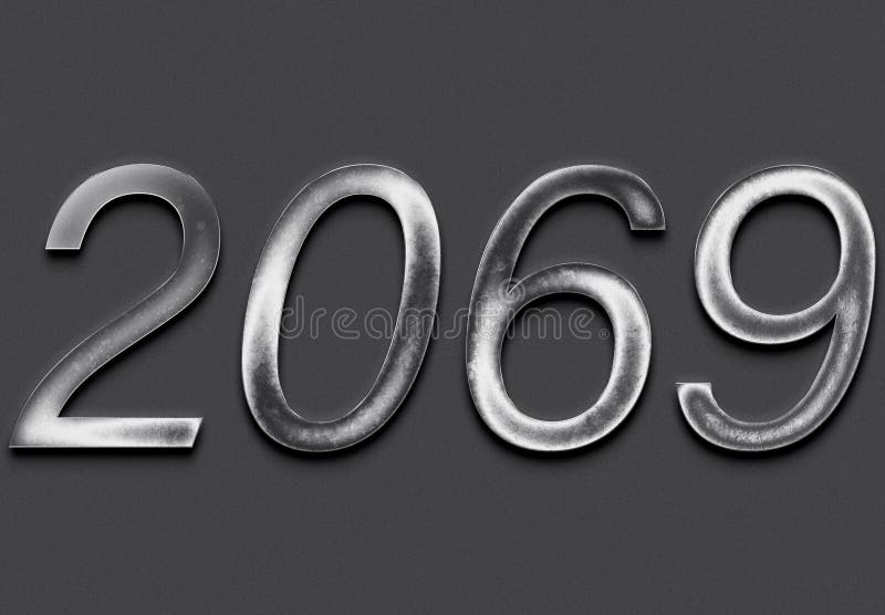 Chrome Metal 3D Number Design of 2069 on Grey Background. Stock Photo ...