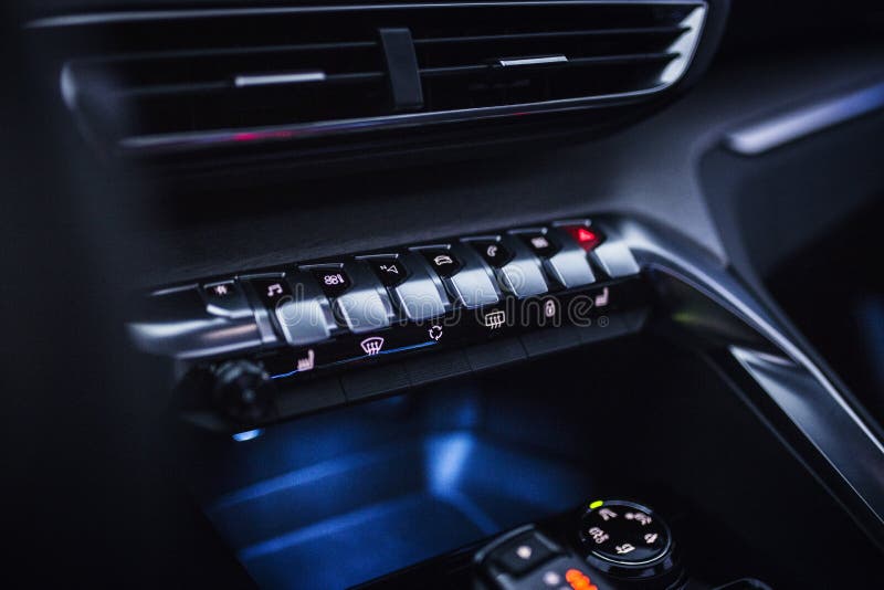 Car Interior: Chrome Metallic Button Controls Stock Photo - Image of ...