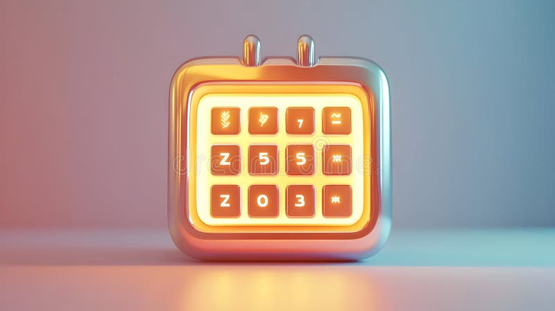 Chrome Metallic Calendar Icon with Glowing Display and Digital Numbers ...
