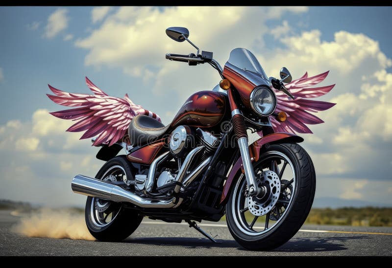 Chrome Motorcycle with Feathered Wings, Soaring, Art, Fantasy Stock ...