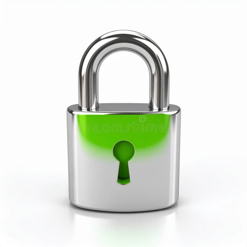 Chrome Padlock with Green Accent on White Background Stock Illustration ...