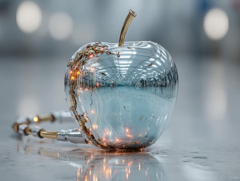 Chrome-plated Apple with Laser-etched Lines, Resting on a Reflective ...