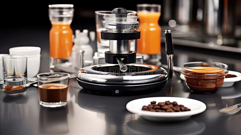 A Chrome Portafilter Espresso Machine on a Black Marble Plate White ...