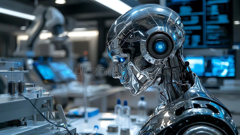 Chrome Robot in Futuristic Lab Setting Stock Photo - Image of eyes ...
