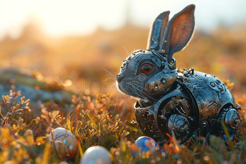 Chrome Robot Rabbit Exoskeletons with Easter Eggs in Grass Under a ...