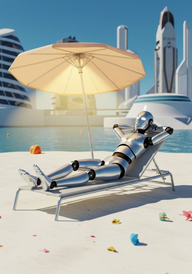 Chrome Robot Relaxing on Futuristic Beach Stock Illustration ...