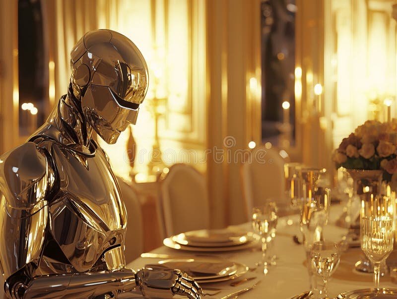 A Chrome Robot Stands at a Table in a Formal Dining Room Setting. Stock ...