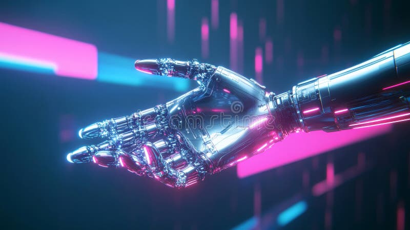 A Chrome Robotic Hand with Glowing Neon Lights Reaches Out Symbolizing ...