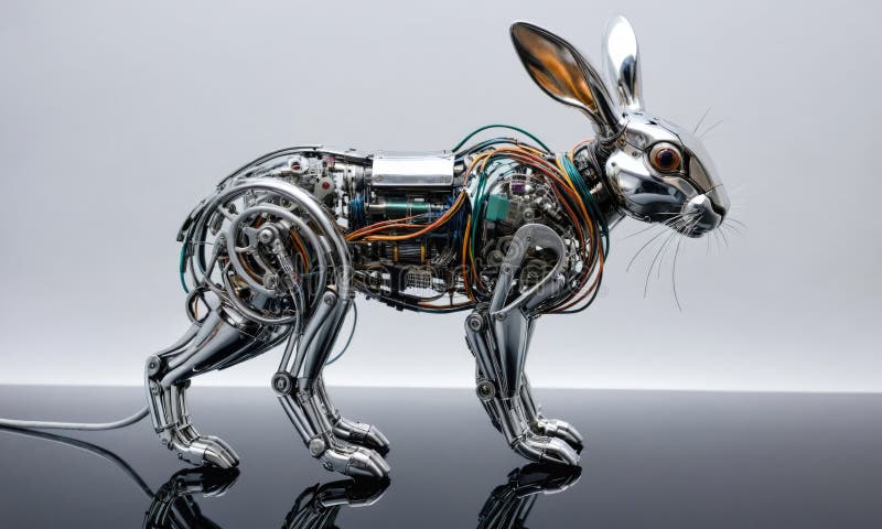 A Chrome Robotic Rabbit Stands on a Reflective Surface, Its Gears and ...