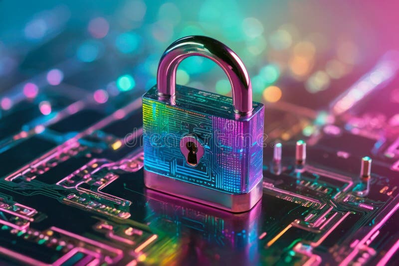 Chrome Shiny Lock on the System Board, Computer Security Concept, Neon ...