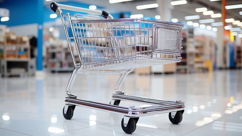 Chrome Shopping Cart in Empty Supermarket Aisle Stock Illustration ...