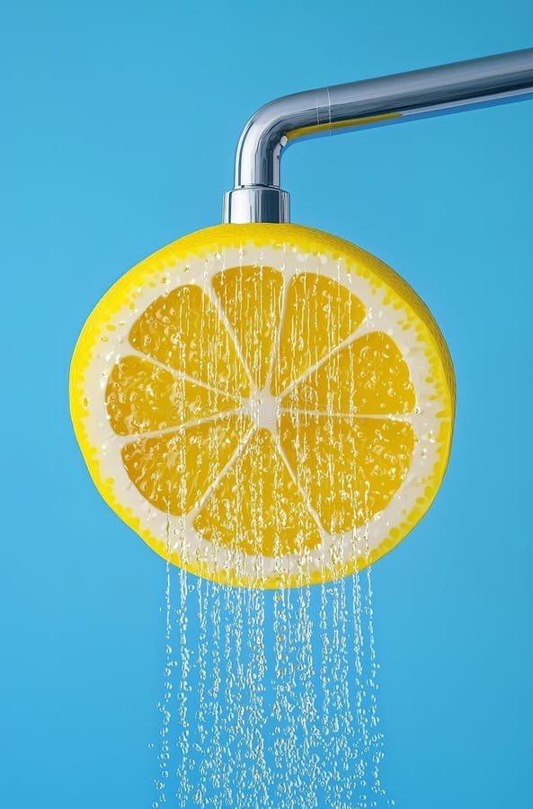 Chrome Shower Head Pouring Water through a Lemon Slice on a Vibrant ...