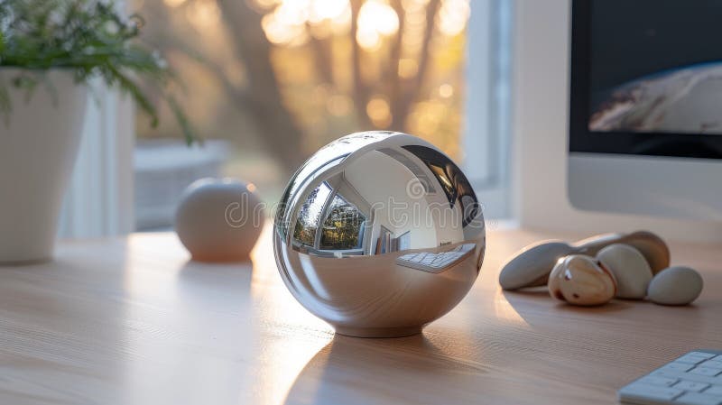 Chrome Sphere on Wooden Desk with Sunlight. Stock Photo - Image of ...