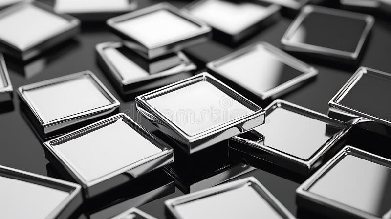 Chrome Square Boxes Scattered on Dark Surface Stock Illustration ...