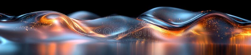 Chrome Surface with Fluid Movements and Glowing Orange and Blue ...