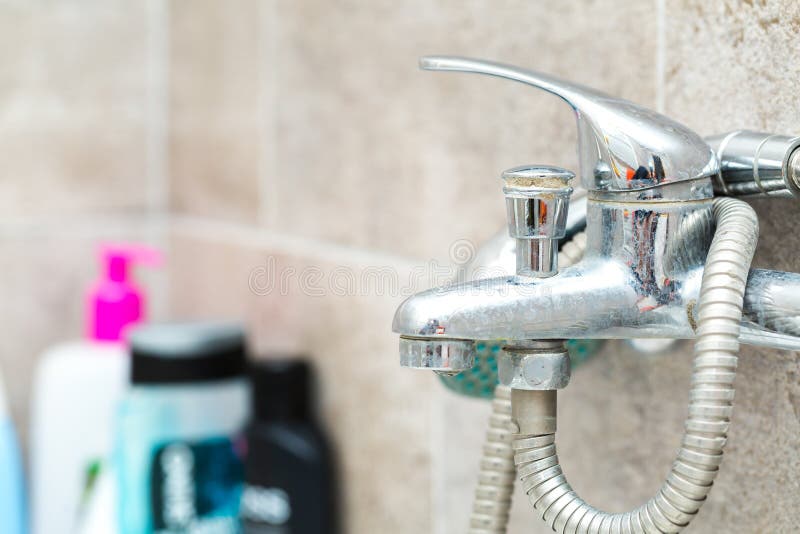 Chrome Tap and Shower in Bathroom Stock Image - Image of tile ...