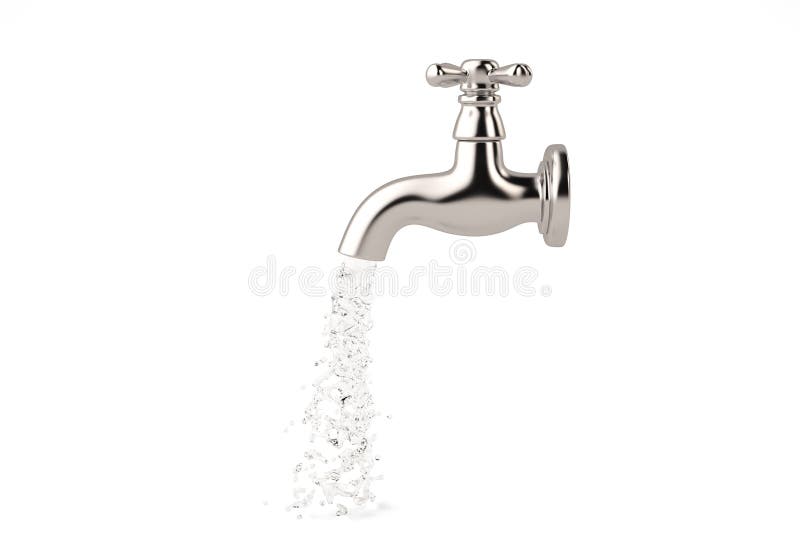 Chrome Tap With A Water Stream Isolated On White 3d Illustration Stock