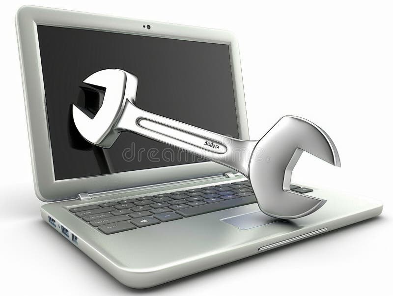 Chrome Wrench Coming Out of a Laptop Computer Screen Stock Photo ...