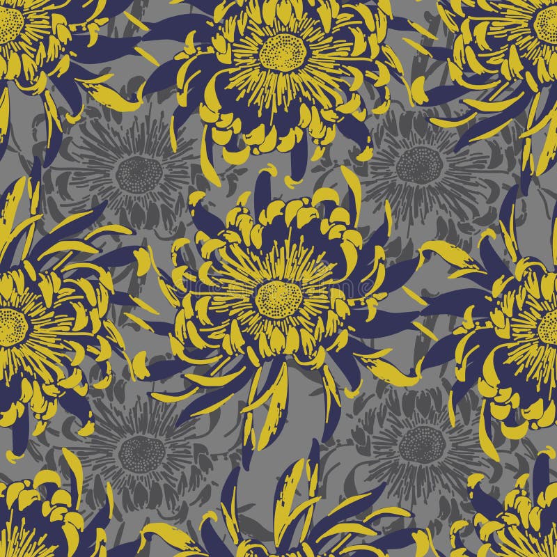 Chrysanthemum Flower Bloom Seamless Pattern. Grey, Blue, Yellow Stock ...
