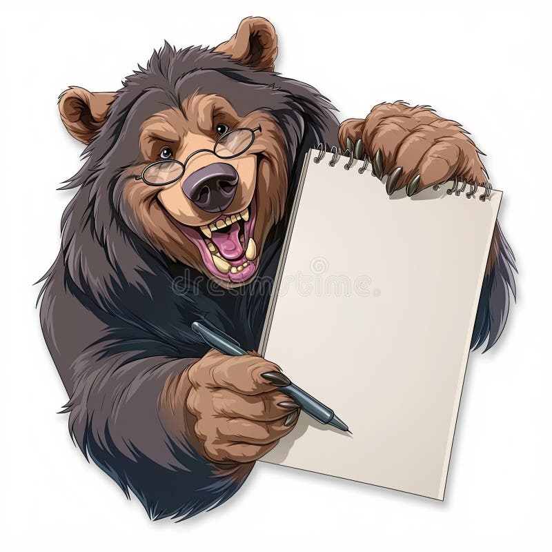 Chubby Bear with Glasses Happily Writing on Notepad in Office Setting ...
