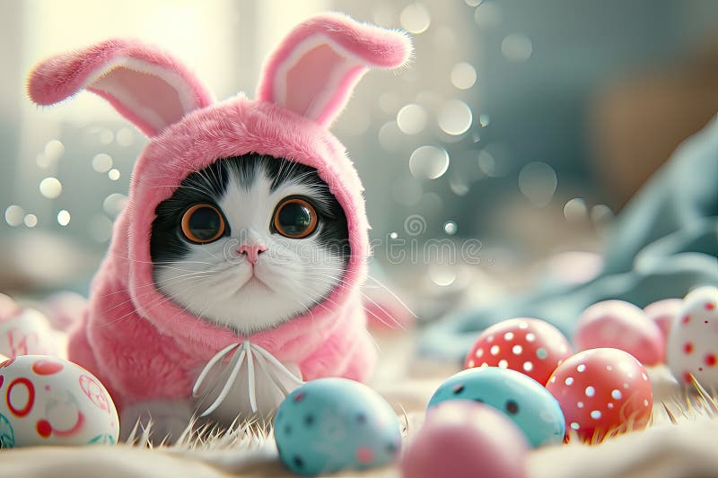 Chubby Black and White Cat Wearing a Pink Rabbit Costume, with Easter ...