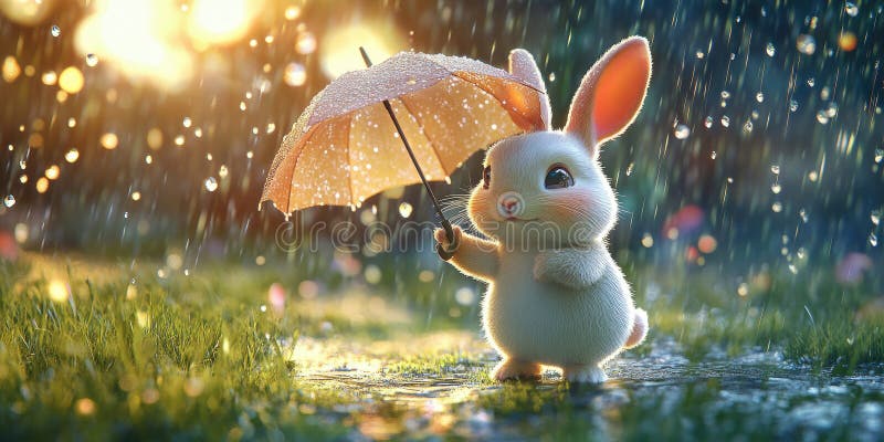 A Chubby Bunny Holding a Tiny Umbrella Dancing in the Rain for Fun and ...
