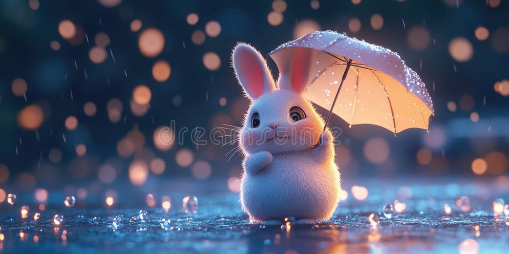A Chubby Bunny Holding a Tiny Umbrella Dancing in the Rain for Fun and ...
