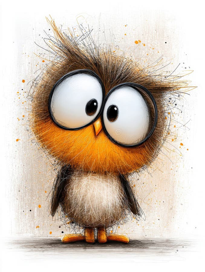 A Chubby, Cartoon Owl with Wild Scribble Feathers in Warm Browns and ...