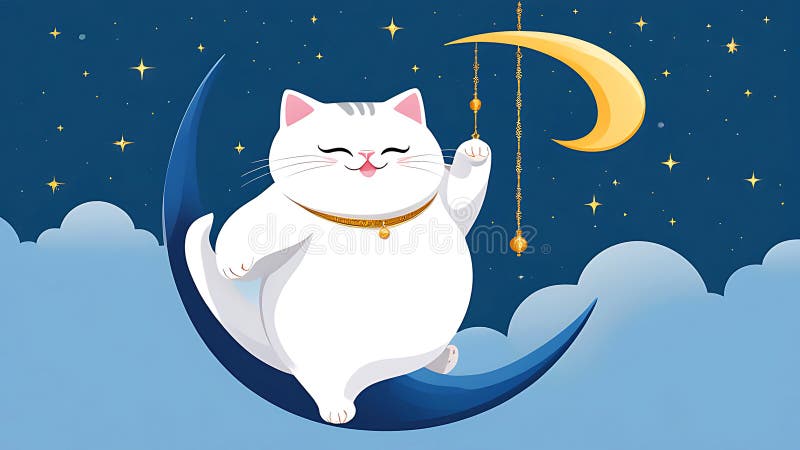 A Chubby Cat Climbing and Hanging from a Crescent Moon Stock ...
