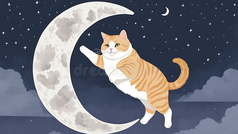 A Chubby Cat Climbing and Hanging from a Crescent Moon Stock ...