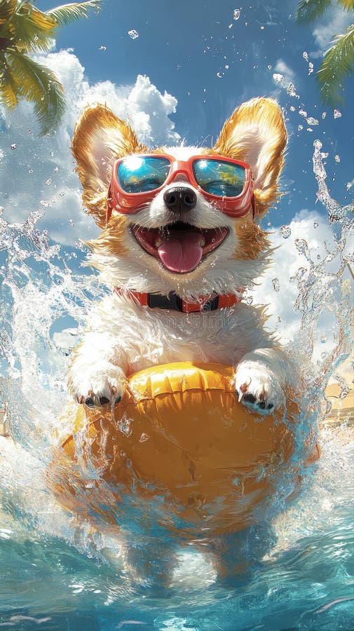 Chubby Corgi Wearing Swimming Goggles and Floatie Playing with a Ball ...