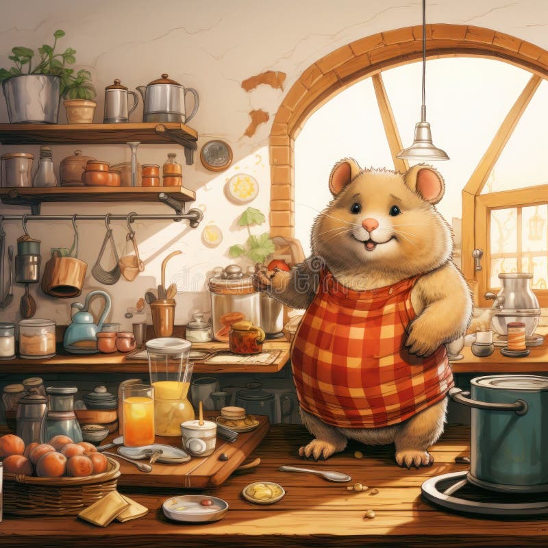 Chubby Hamster Wearing Apron Cooking in Kitchen Making Breakfast and ...