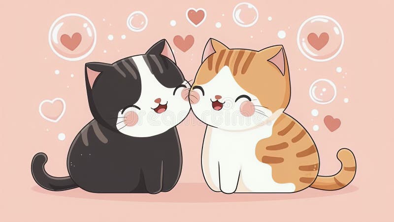 Chubby Kawaii-style Cats Smooching with Tiny Heart Bubbles Around Them ...