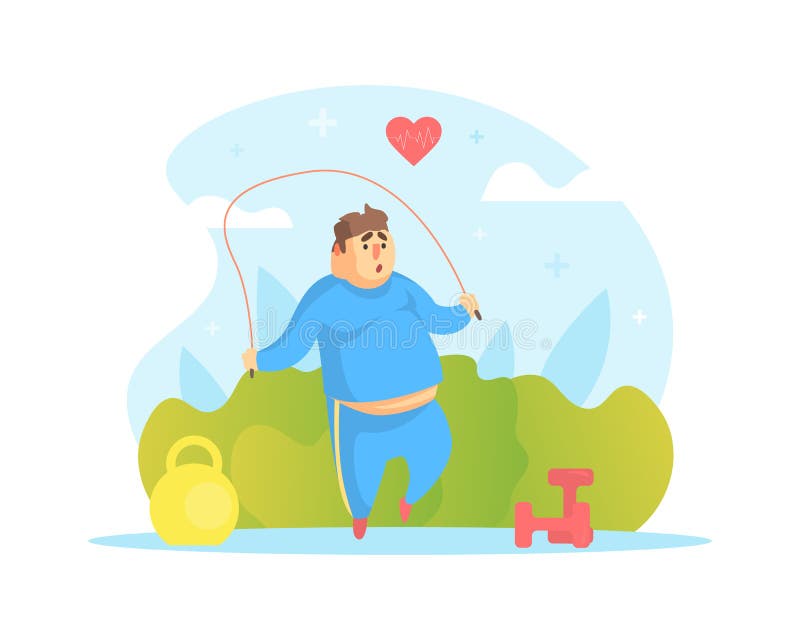 Chubby Man Jumping with Skipping Rope, Overweight Man Character Doing ...