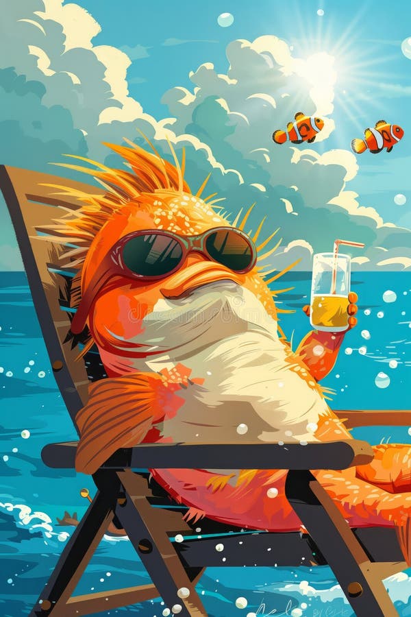 Chubby Nemo Fish with Sunglasses Drinking Juice Sunbathing Stock ...