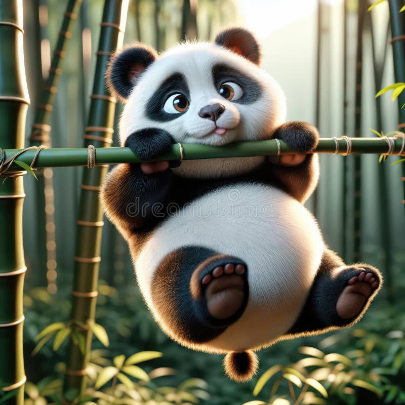 Chubby Panda Bear Hanging from a Bamboo Branch Stock Illustration ...