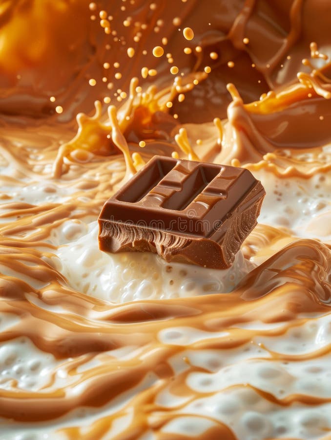 Chunk of Chocolate Amidst Caramel and Cream Splash Stock Image - Image ...