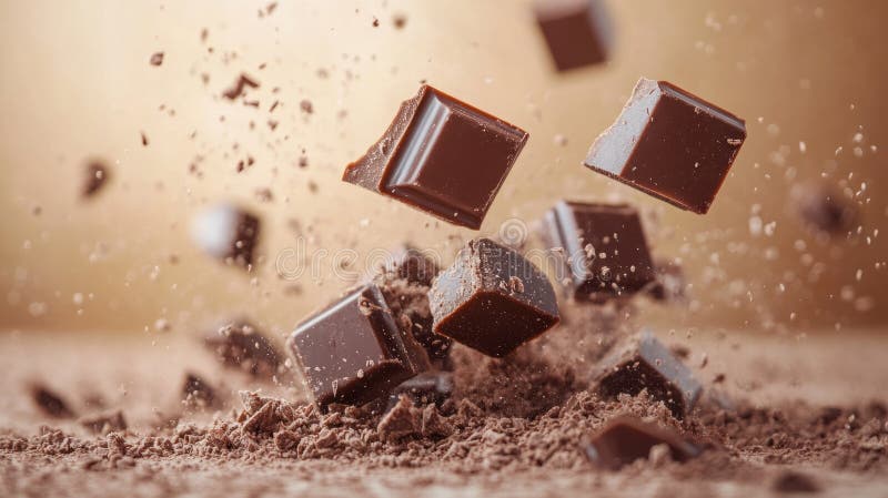 Chunks of Chocolate Falling with Cocoa Powder Splash. Stock Photo - Image of particles, falling ...