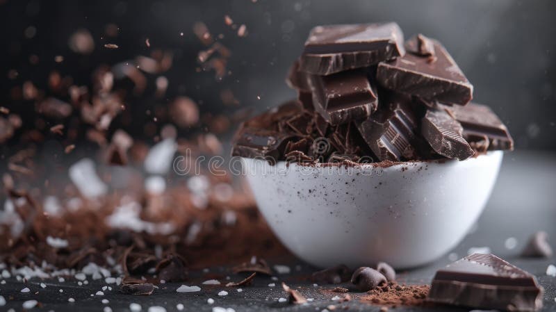 Chunks of Dark Chocolate in White Bowl with Chocolate Dust Stock Image ...