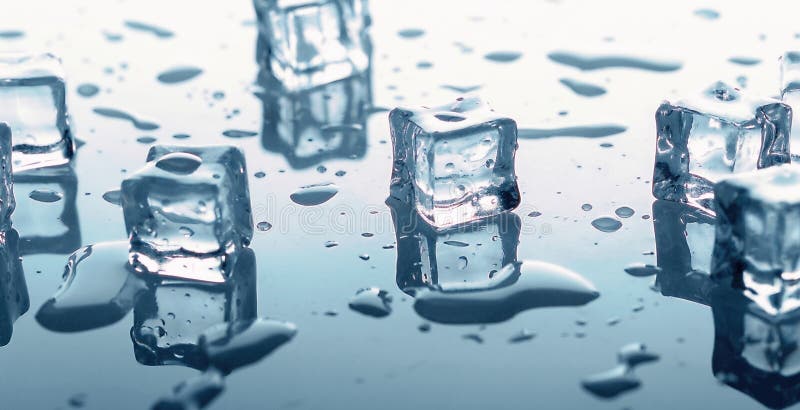 Chunks of Frozen Ice on a Glossy Surface with Drops of Clear Water ...