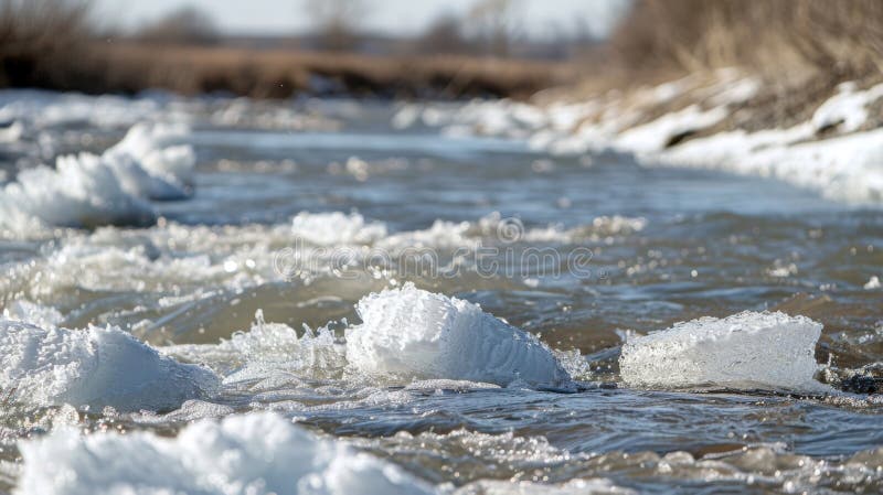 Chunks of Ice Float Down a River Carried Along by the Swift Current ...