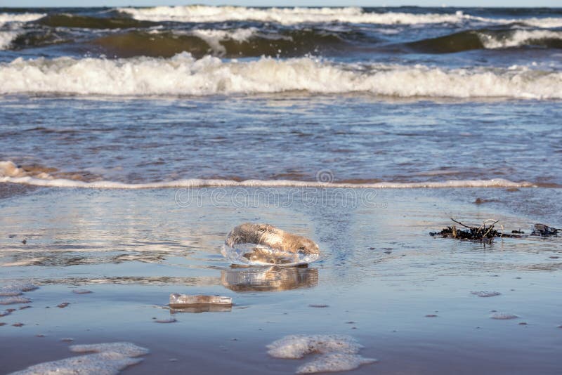 Chunks Ice Gray Sandy Surface Reflections Water Waves Background Stock ...