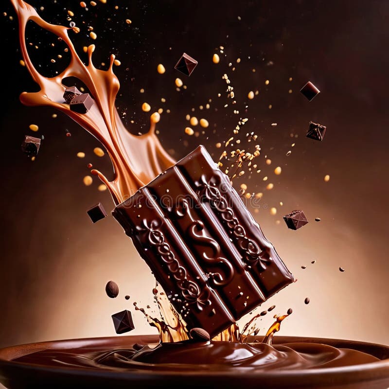Chunks of Luxury Dark Chocolate, with Dynamic Melted Splash Effect ...