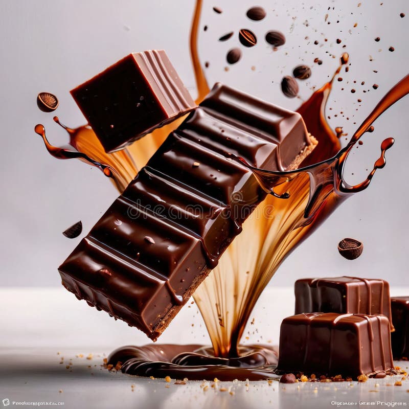 Chunks of Luxury Dark Chocolate, with Dynamic Melted Splash Effect ...