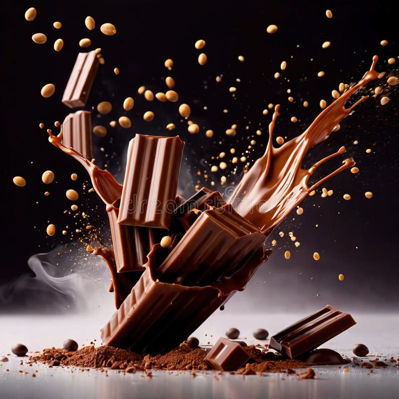 Chunks of Luxury Dark Chocolate, with Dynamic Melted Splash Effect ...