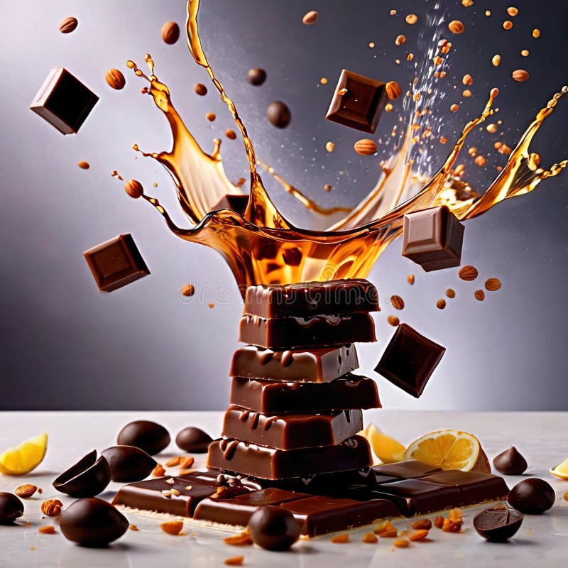 Chunks of Luxury Dark Chocolate, with Dynamic Melted Splash Effect ...